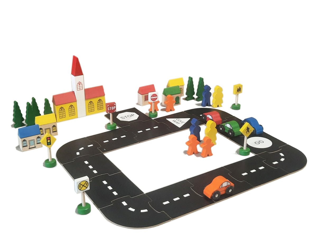 Wooden Road and Town Play Set - 55 pce| Ozzy Educational Toys